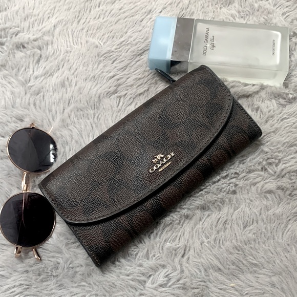 Coach | Bags | Coach Large Trifold Black And Brown Branded Leather ...